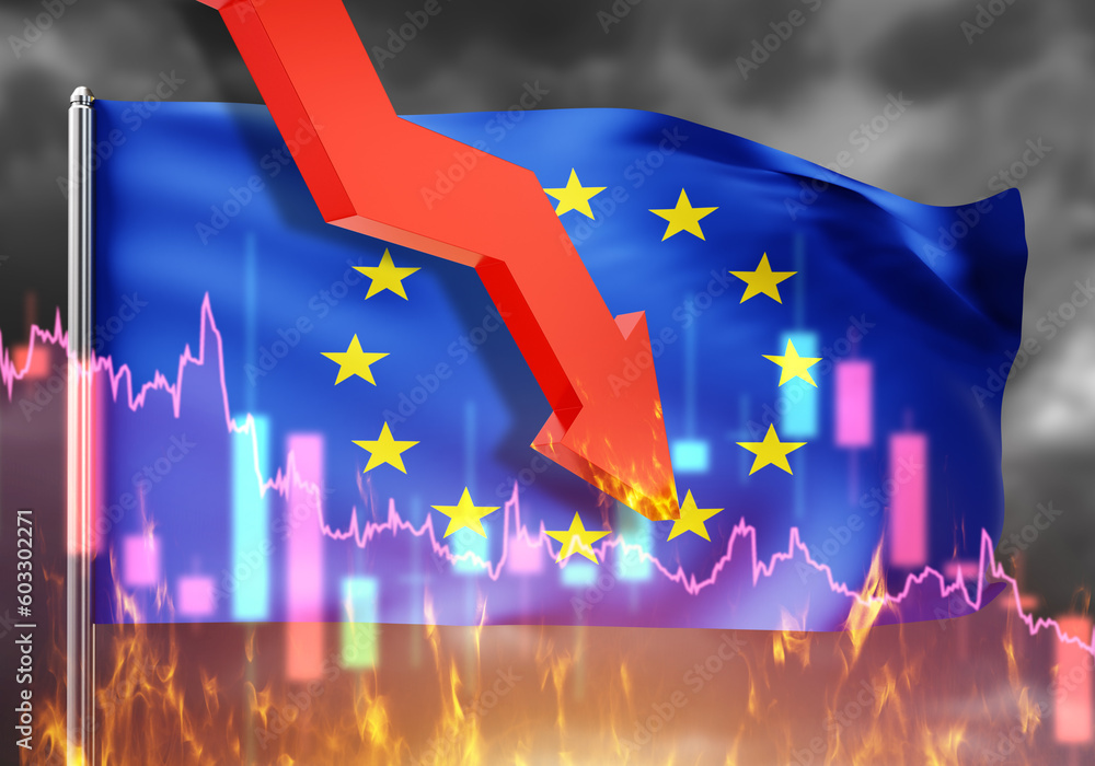 Flag of European union. Recession chart. Arrow metaphor for financial ...