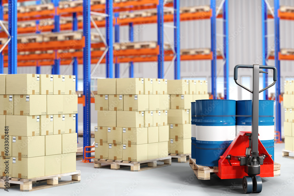 Warehouse interior. Storage boxes. Pallet jack with barrels. Storage ...