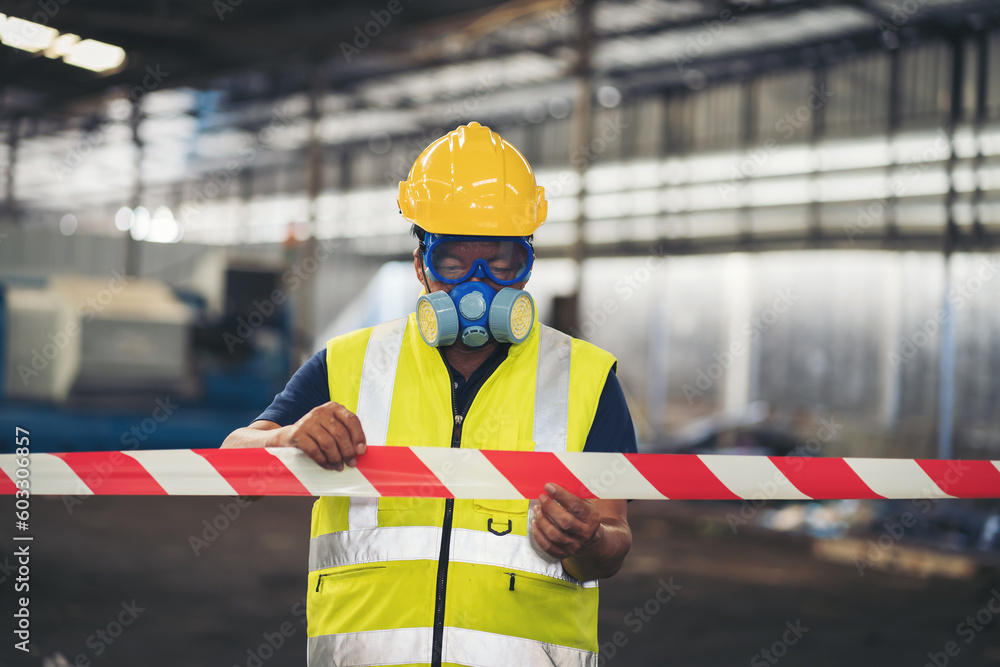 Chemical specialist wear safety uniform and gas mask showing line ...