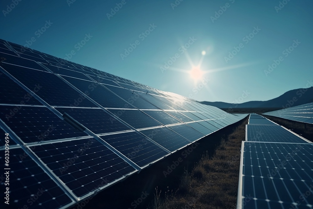 Solar panels on the field. The rays of the sun fall on the panel. Safe ...