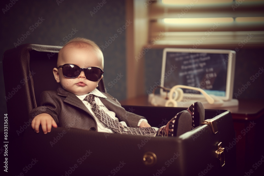 young child dressed in a formal business suit, sitting inside a ...