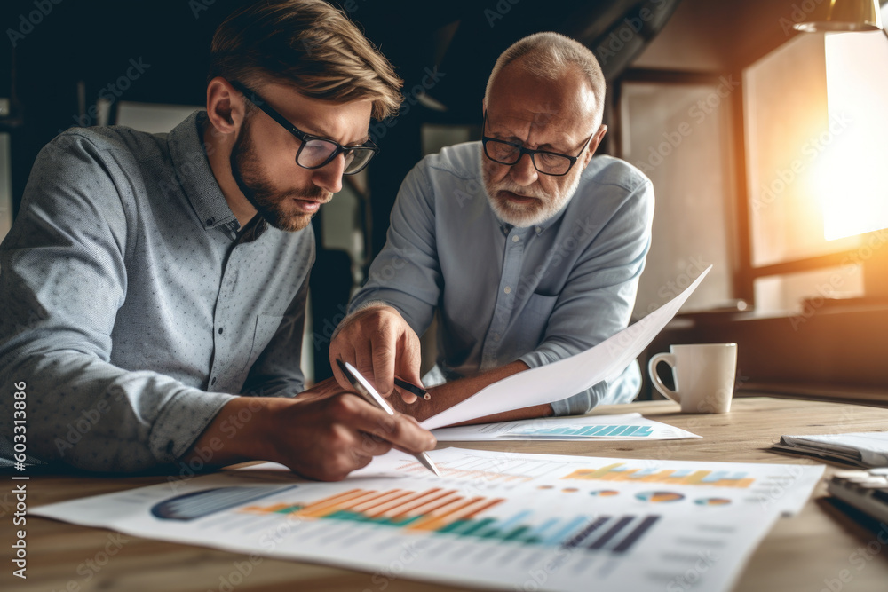 Two men analyzing graphs on a paper during a brainstorming session ...