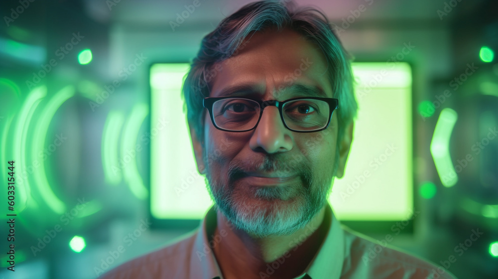 Generative ai portrait of adult indian scientist man in futuristic neon ...