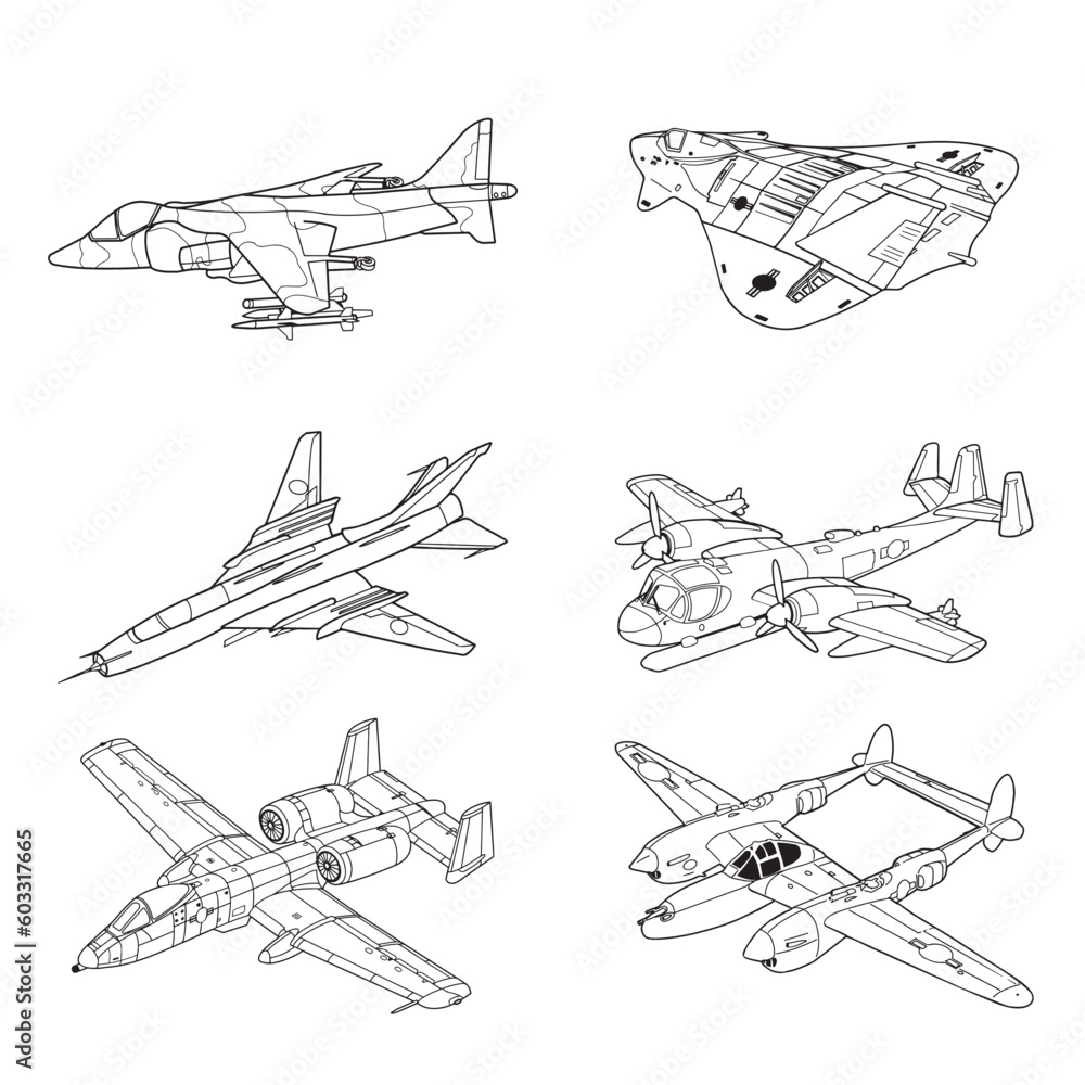 military aircraft with rocket launchers. Vector sketches, outline ...