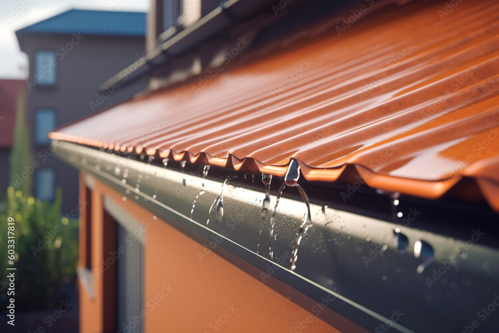 House with a tiled roof with a system of plastic gutters. Plastic ...