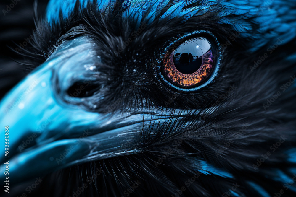 raven's eye close-up, created by a neural network, Generative AI technology Stock Illustration ...
