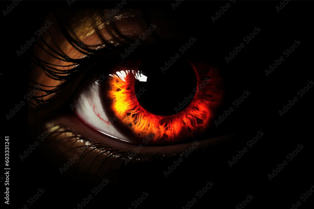 Woman's red eye in the dark. Piercing eyes. Burning demonic eyes. Copy ...