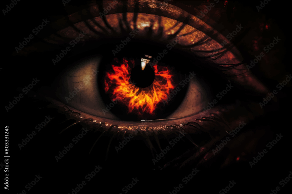 Woman's red eye in the dark. Piercing eyes. Burning demonic eyes. Copy ...