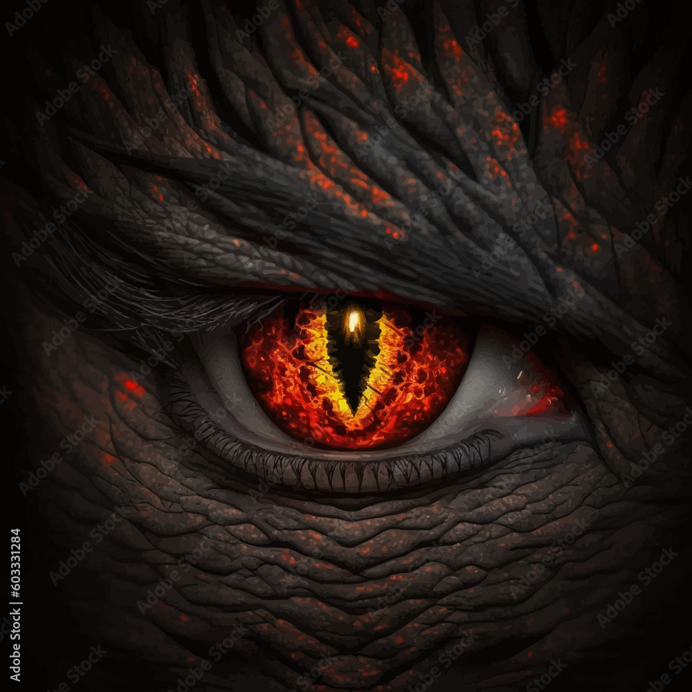 Devil's red eye with fire on a black background. Mythological creature ...