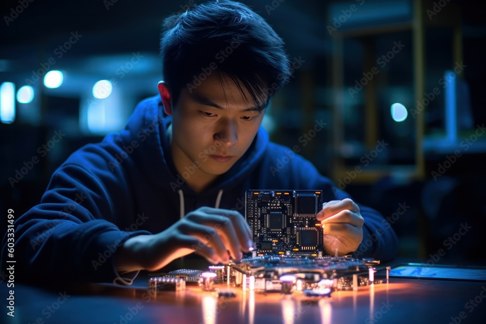 Young tech entrepreneur showcasing a revolutionary chip design, a ...