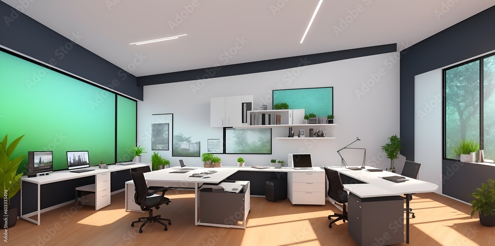Illustration of a modern office with a green screen background created ...