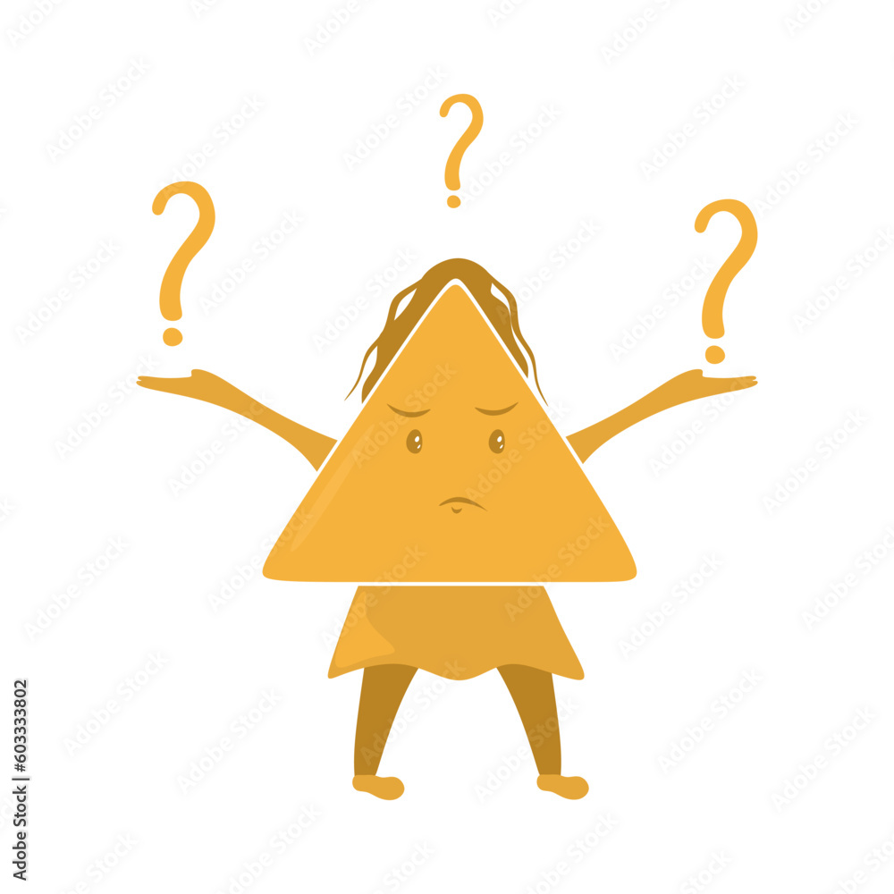 Cute geometric figure with question marks. Triangle geometric shape with difficult question ...