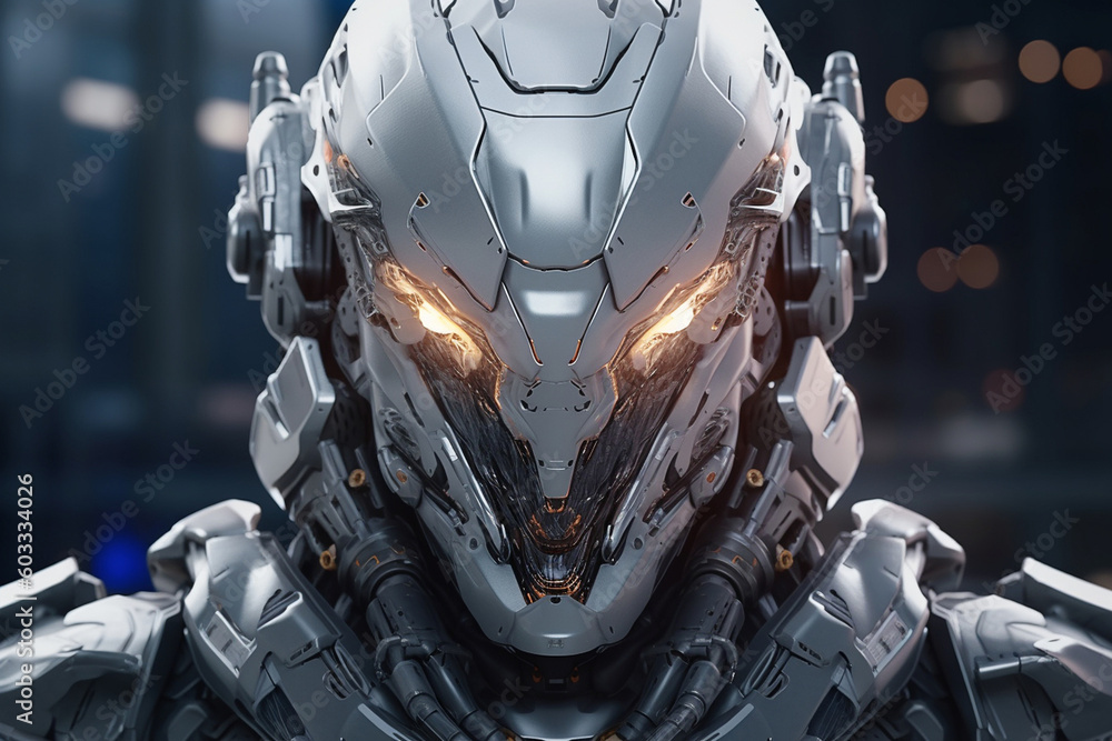 mechanical robot head or titanium exoskeleton, created by a neural network, Generative AI ...