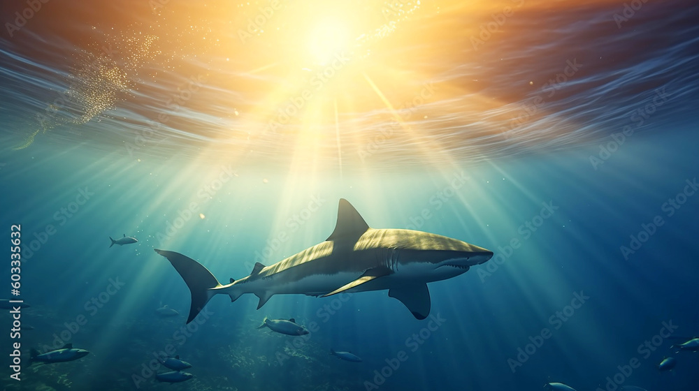 sharks swimming underwater between the ocean floor and water surface ...