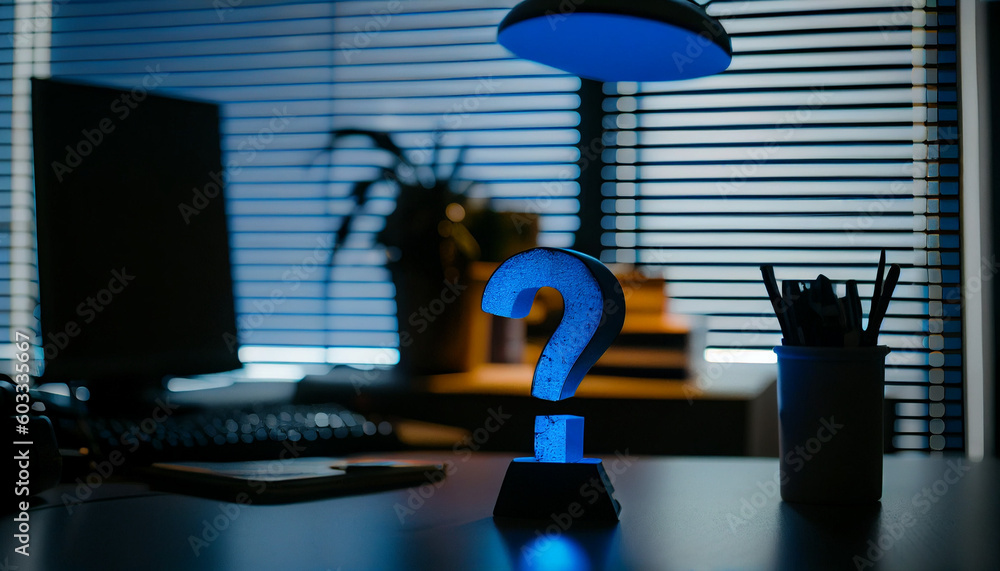 A glowy blue question mark on a desk, workstation, beautiful blurry ...