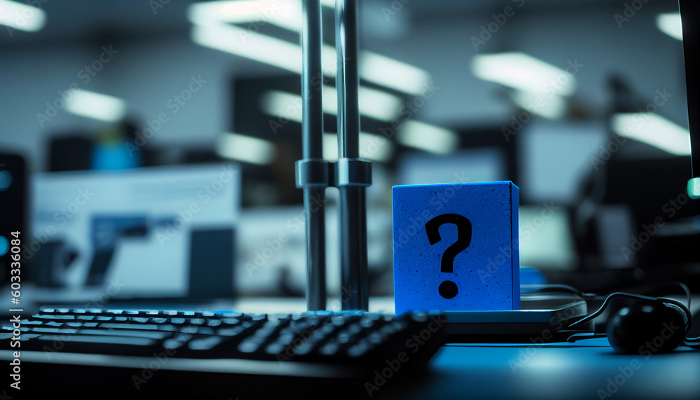 A question mark in a blue box, beautiful blurry office background. AI ...