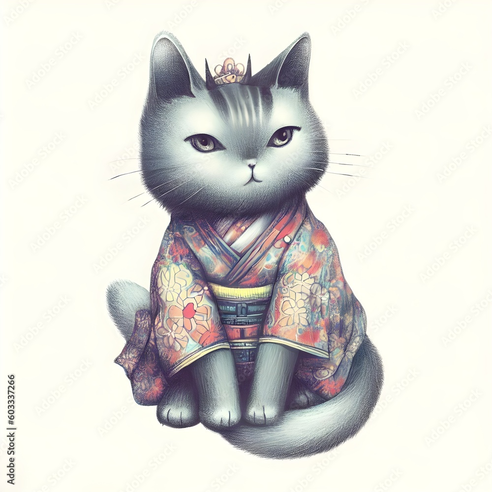 cute cat wearing japanese dress pencil drawing illustration isolated on ...