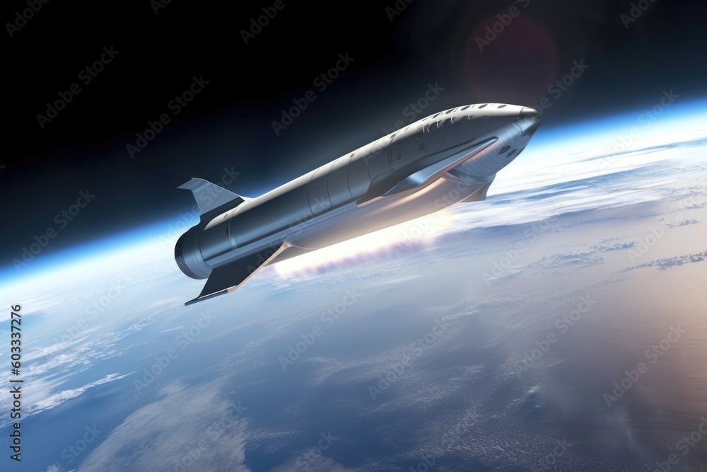 star ship spacecraft arriving at earth orbit, planet earth in the ...