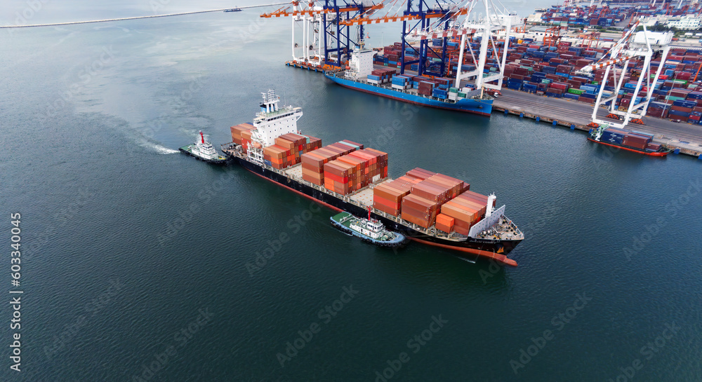 cargo ship and truck at seaport waiting for container dock crane ...
