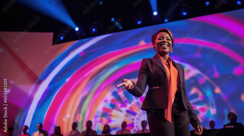 Exited african american woman motivational speaker on stage. Diversity ...