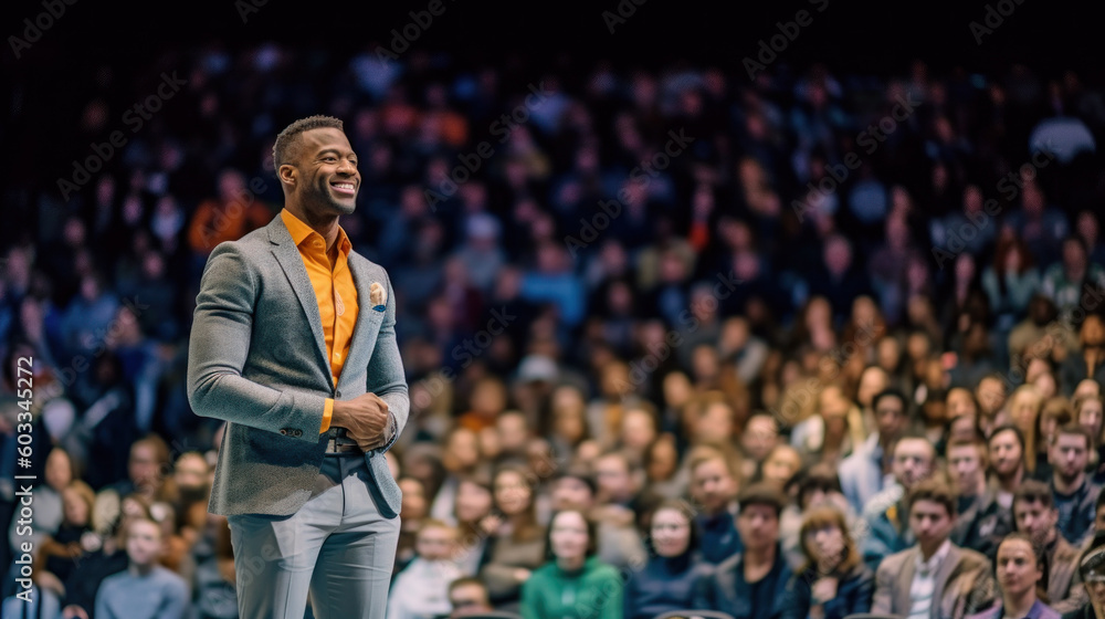 African american man motivational speaker on stage, talking about ...