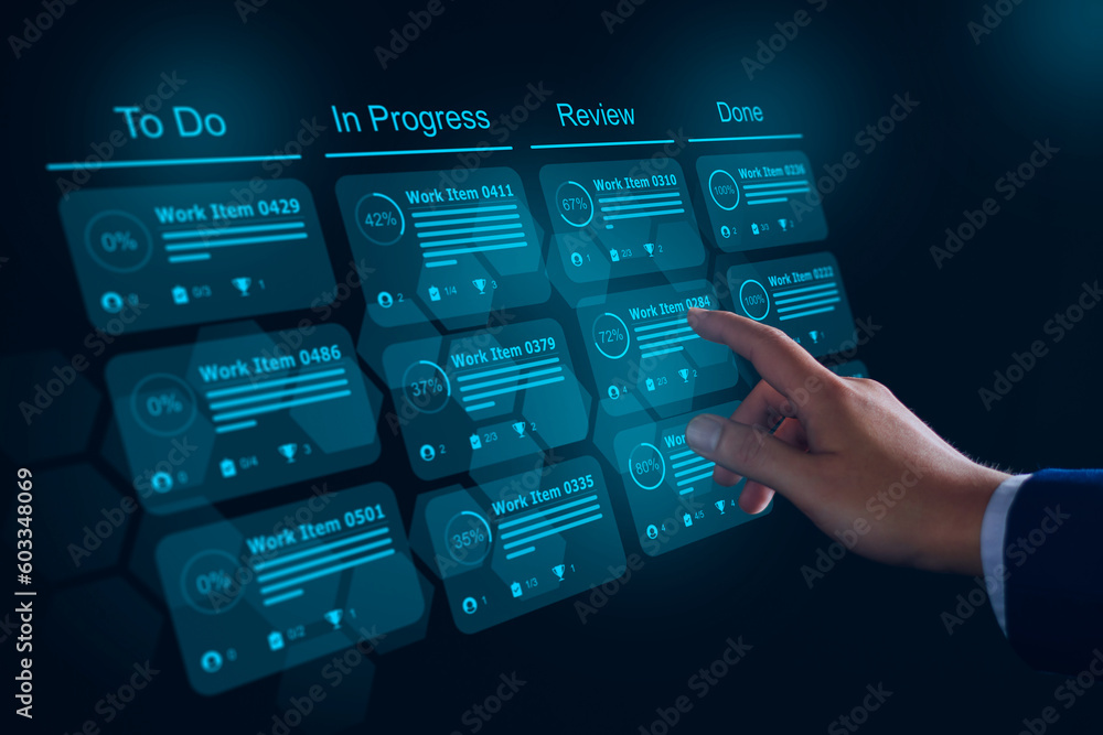 Agile software development or project management using kanban or scrum methodology boards on ...