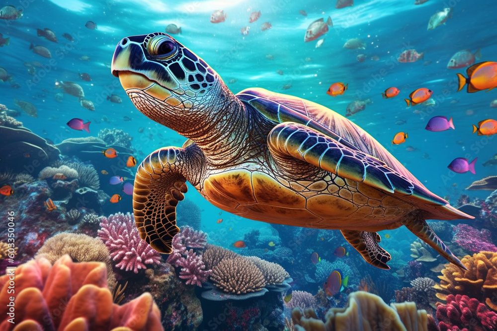sea turtle among corals and tropical fish, created by a neural network ...