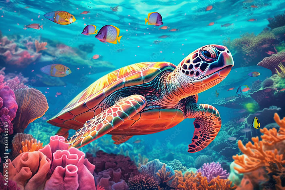 sea turtle among corals and tropical fish, created by a neural network ...