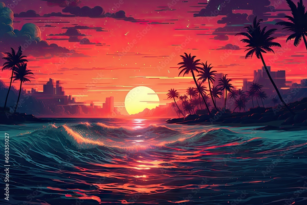 3d sunset on the beach. Retro palms sci fi background with ocean. Sun ...