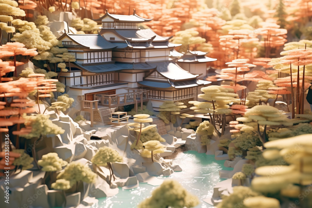 An enchanting paper-cut scene of a Japanese onsen (hot spring) resort ...