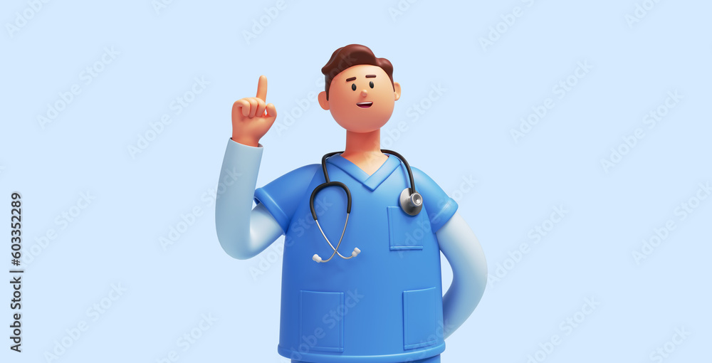 3d render, caucasian young man, nurse cartoon character wears blue ...