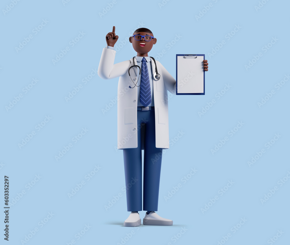 3d render, full body african cartoon character. Black doctor wears ...