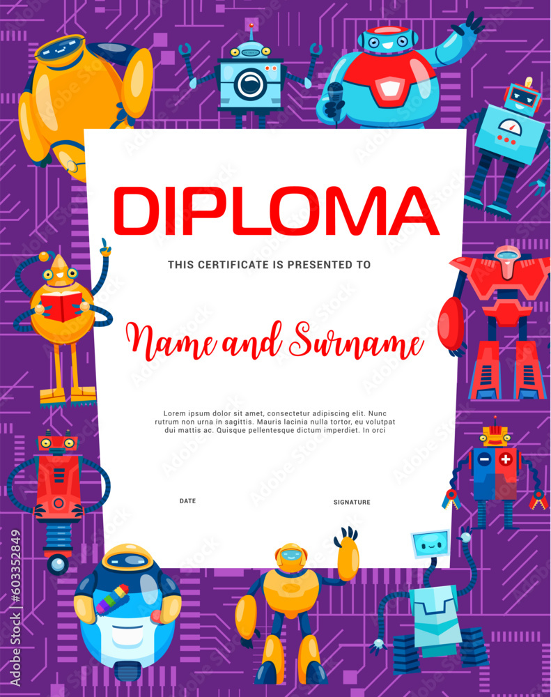 Grafika wektorowa Stock: Kids diploma cartoon robot and droid ... Grafika wektorowa Stock: Kids diploma cartoon robot and droid ...