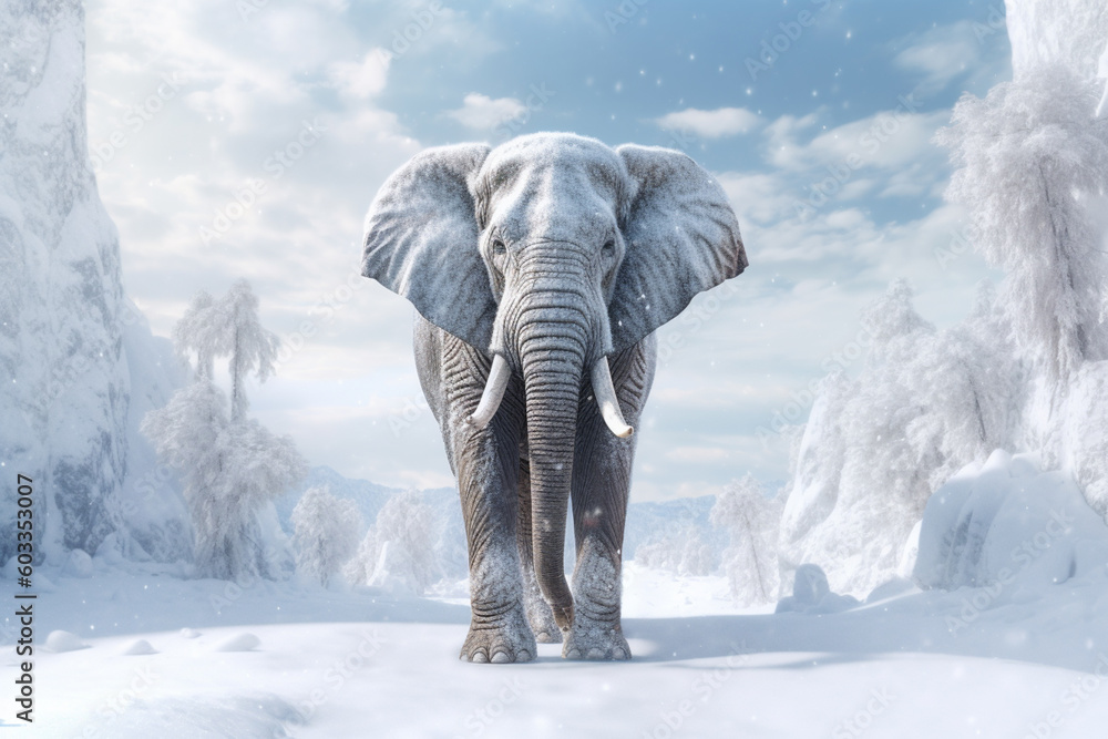 a frozen elephant standing tall in a snowy landscape, conveying the ...