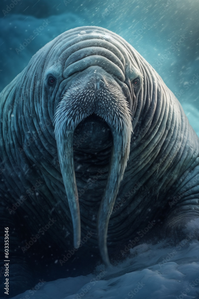 An abstract illustration of a frozen walrus, with its massive tusks and wrinkled skin covered in ...