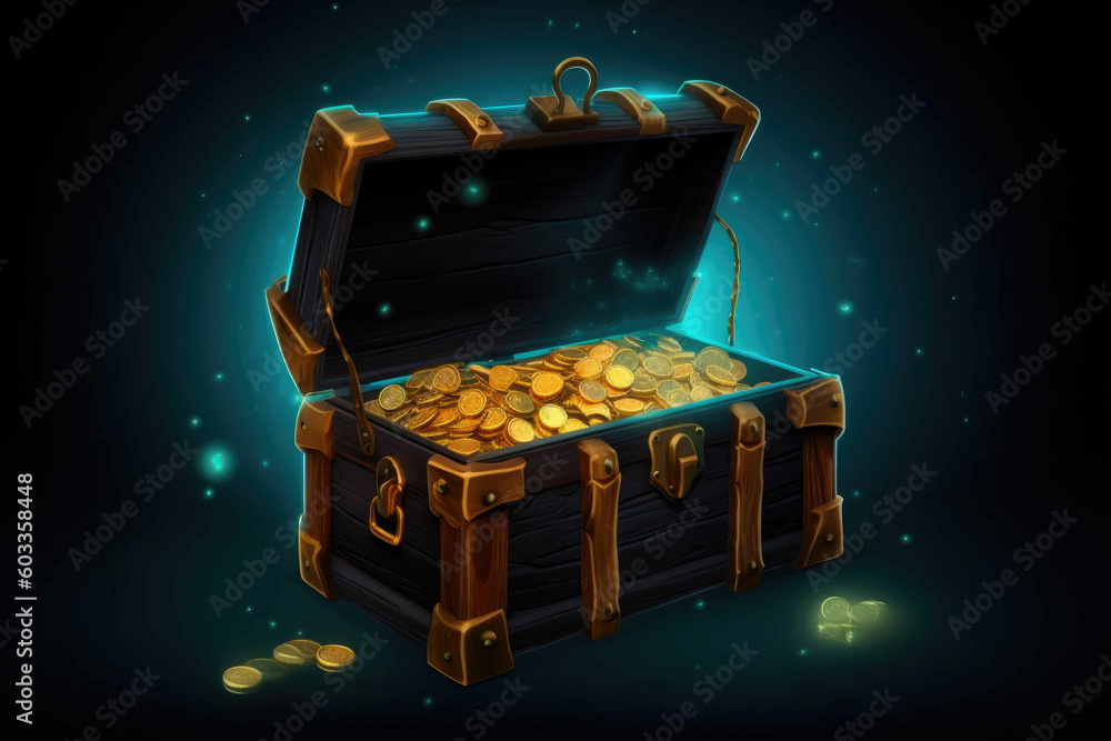 Medieval chest game asset with blue background, the chest is open with ...