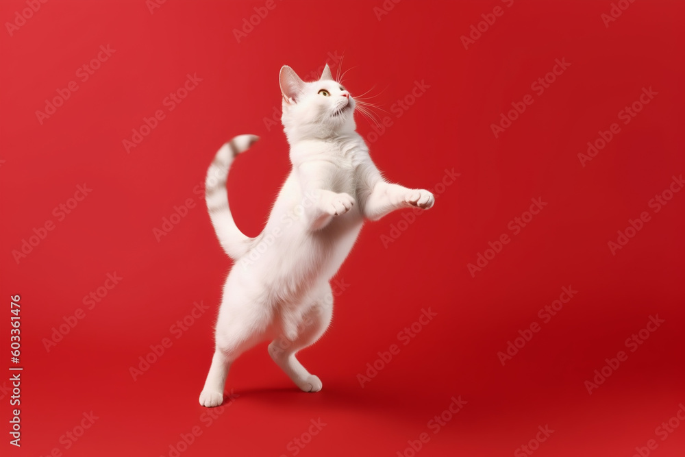 White cat jumping on a red background. Banner concept for petshops and ...