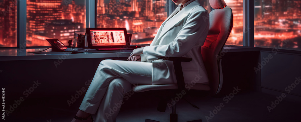 Female cyberpunk ceo wearing white suit with red accents sitting in ...