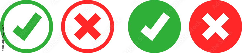 Set green approval check mark and red cross icons in circle and square, checklist signs Stock ...