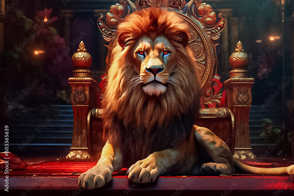 A majestic male lion sits regally on a red and gold king's chair ...