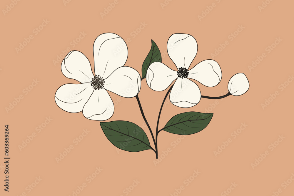 Doodle inspired Dogwood, cartoon sticker, sketch, vector, Illustration ...