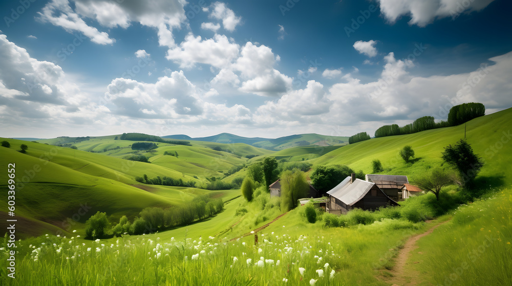 A picturesque countryside scene, with gentle rolling hills covered in ...