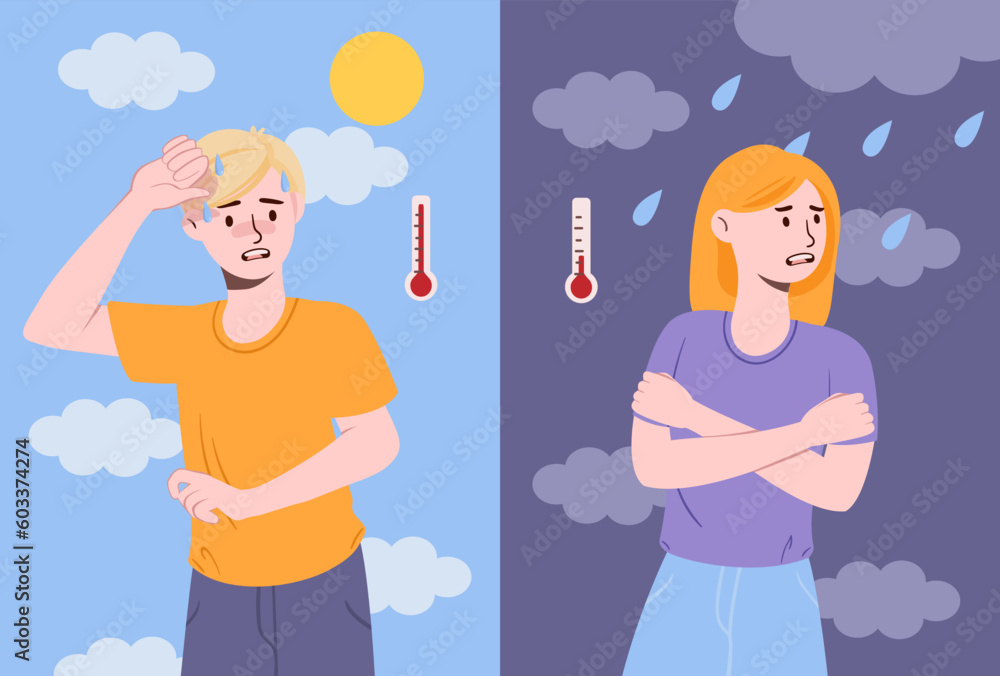 Rain girl and sun boy. People suffer from wet and cold and hot weather ...