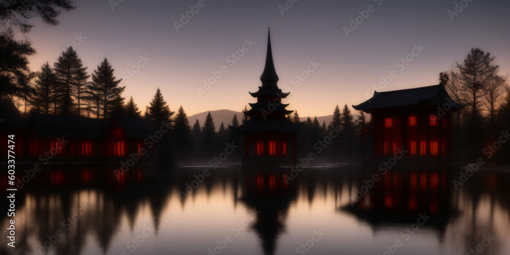 Japanese architecture, malevolent shrine, reflection, water reflection ...