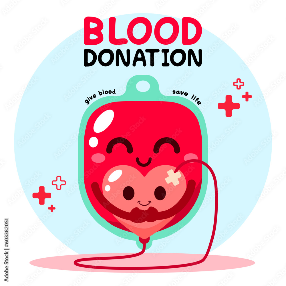 Kawaii Blood bag giving with a Smiling cute heart. blood donation day ...