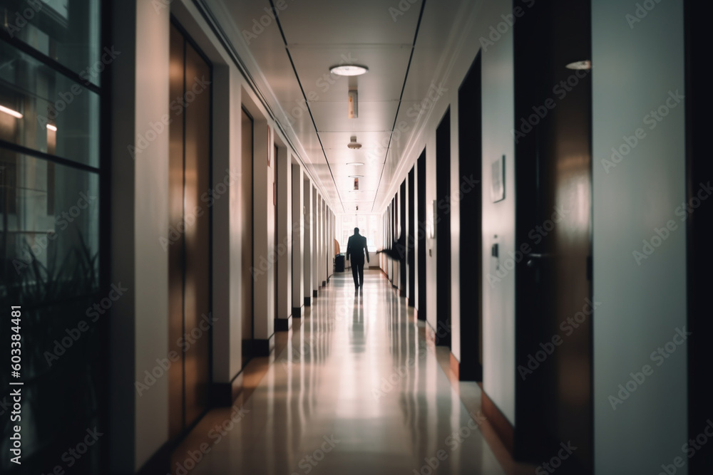 Blurred office corridor with professionals walking by, business ...