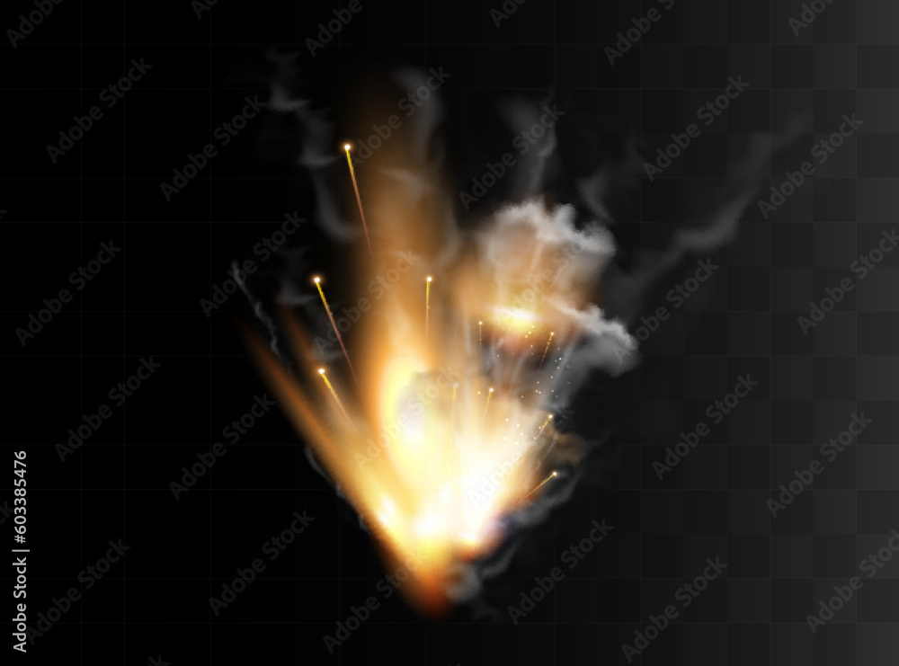 Gun flashes with smoke and fire sparkles. Pistol shots clouds, muzzle ...