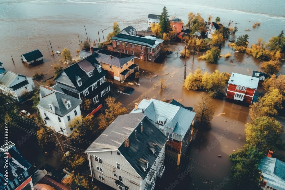 Aerial drone view of flooded homes during flood event - AI Generated ...