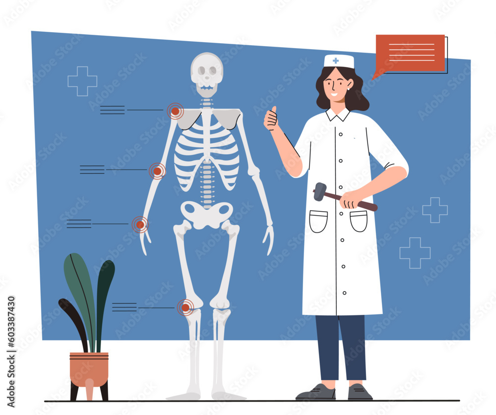 Concepts of rheumatology. Woman in medical uniform next to skeleton ...