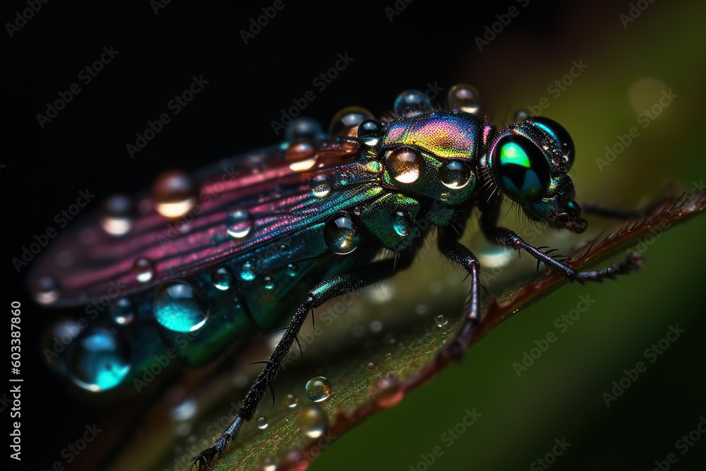 Vivid generative AI illustration of glossy rainbow colored fly covered ...